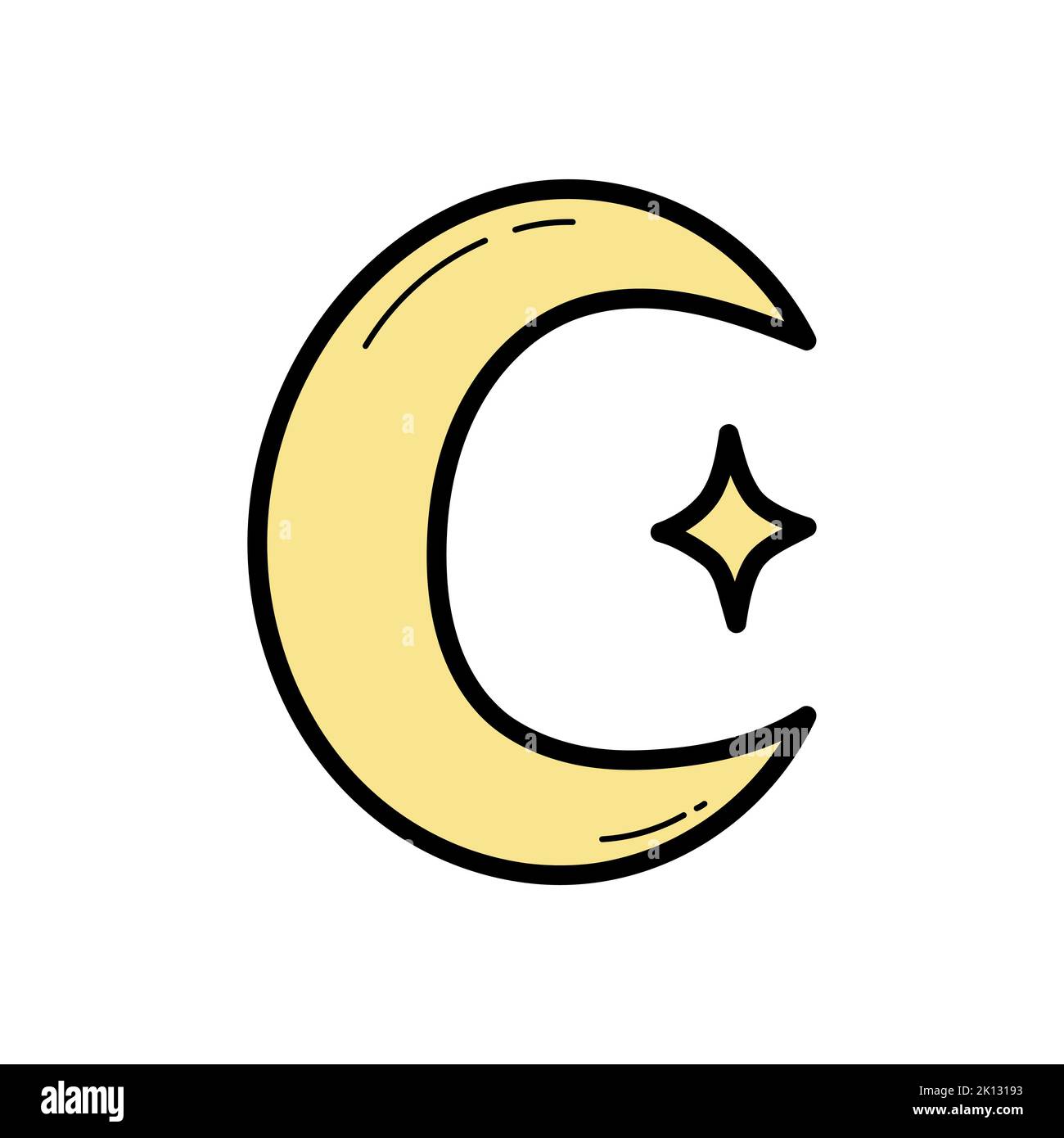 Moon with star. Mystical element, ethnic hand-drawn doodle icon. Single ...