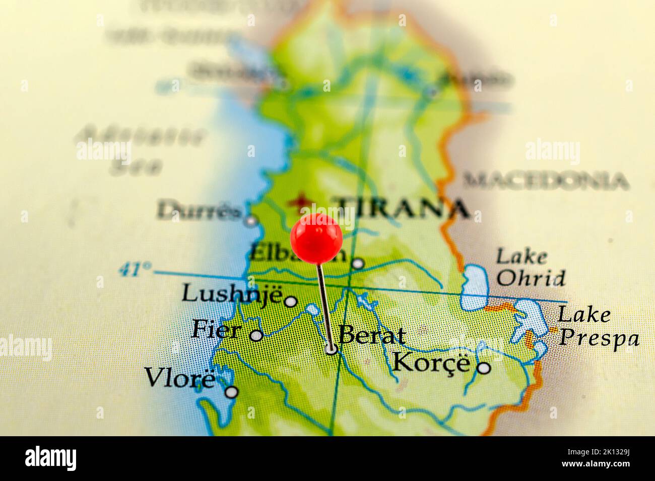 Berat map. Close up of Berat map with red pin. Map with red pin point ...