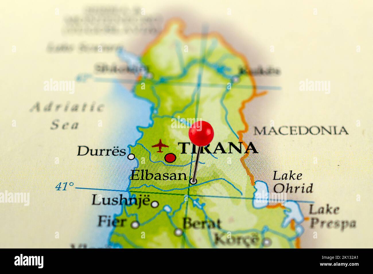 Elbasan map. Close up of Elbasan map with red pin. Map with red pin ...