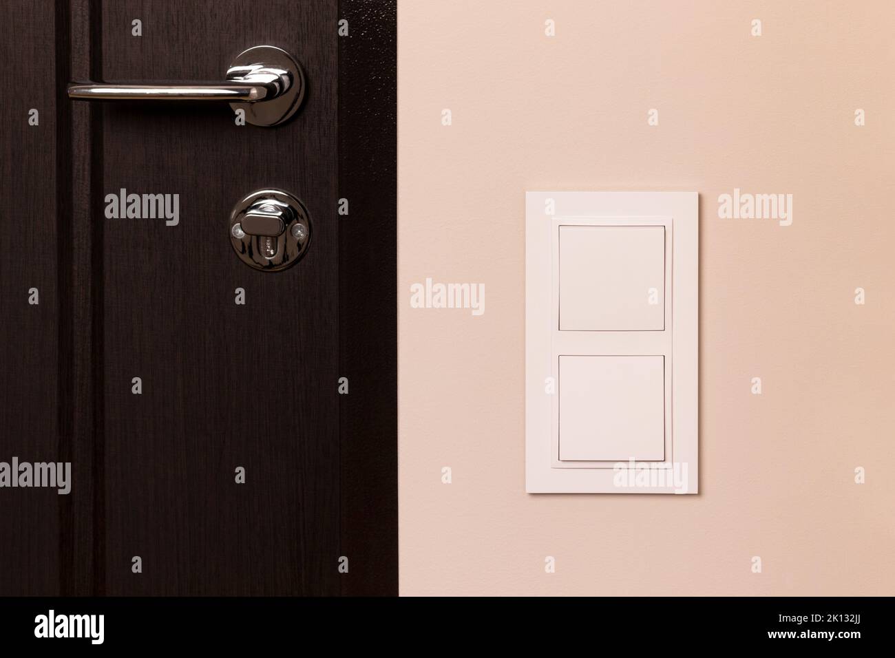 White electrical switch on beige wall next to the wooden door in modern ...