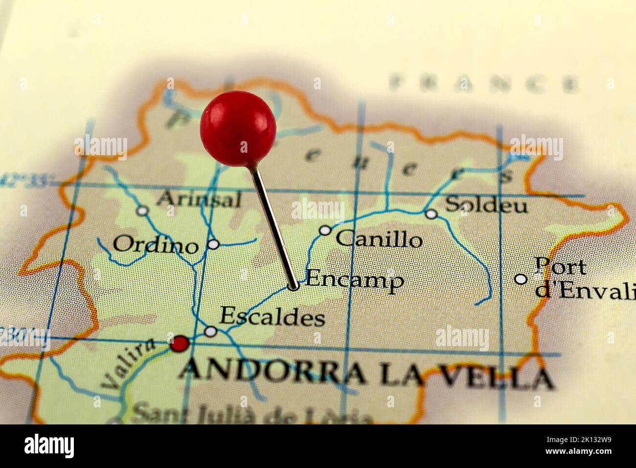 Encamp map. Close up of Encamp map with red pin. Map with red pin point ...