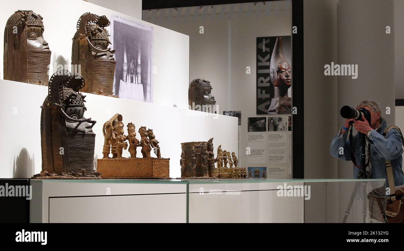 Berlin, Germany. 15th Sep, 2022. A man photographs the so-called Benin ...