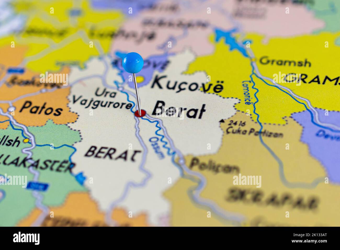 Berat map. Close up of Berat map with blue pin. Map with red pin point ...