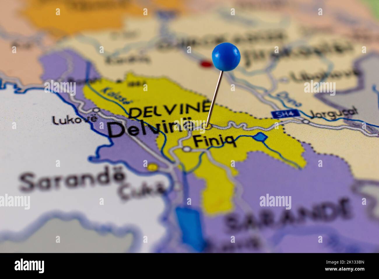 Delvinë map. Close up of Delvine map with blue pin. Map with red pin ...