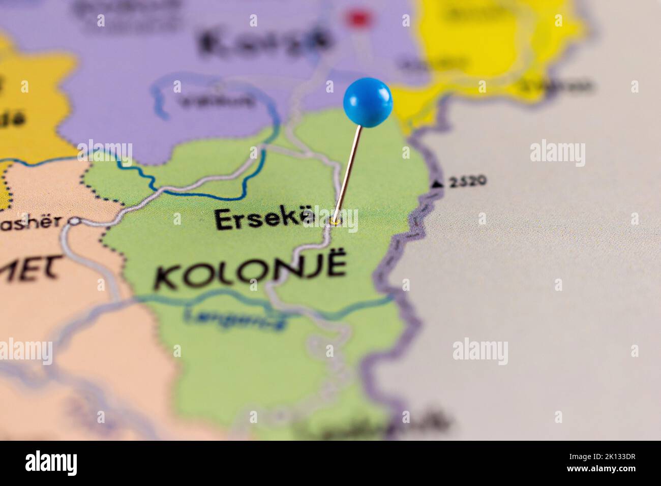 Erseke map. Close up of Erseke map with blue pin. Map with red pin ...