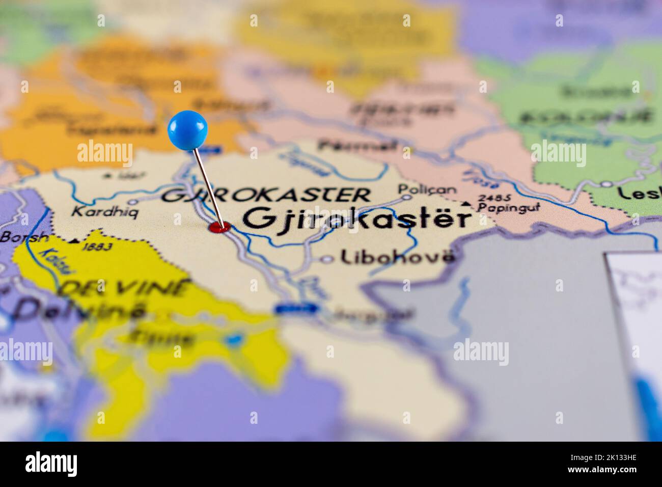 Gjirokastra map. Close up of Gjirokastra map with blue pin. Map with ...