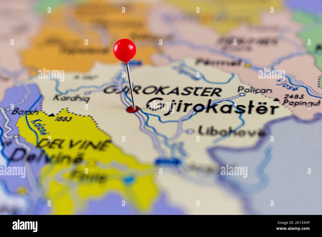 Gjirokastra map. Close up of Gjirokastra map with red pin. Map with red ...