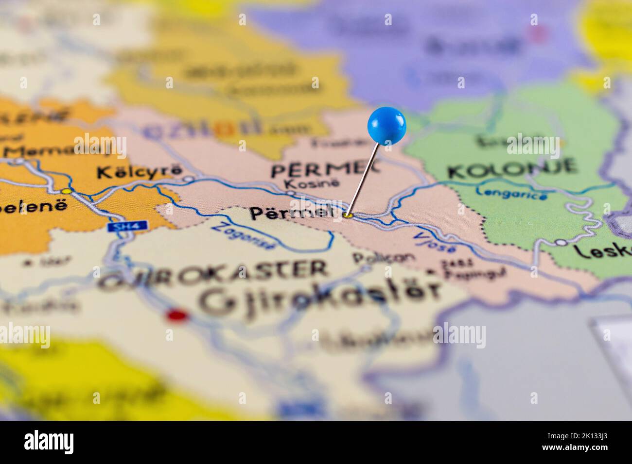 Përmet map. Close up of Permet map with blue pin. Map with red pin ...