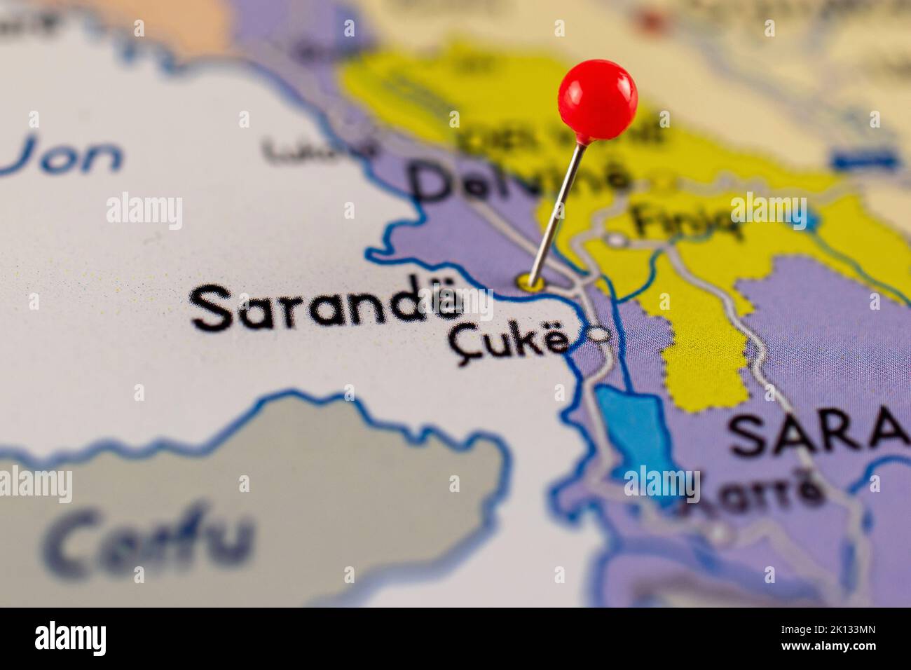 Sarande map. Close up of Sarande map with red pin. Map with red pin ...