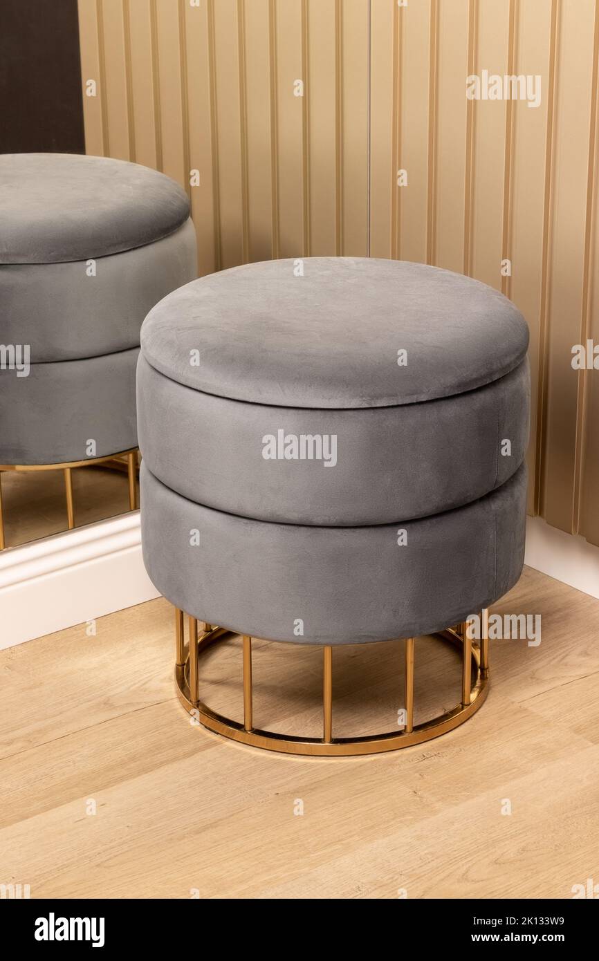 Gray pouf on golden metal base on wooden floor in corner of modern ...