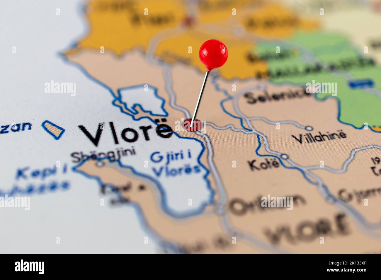 Vlora map. Close up of Vlora map with red pin. Map with red pin point ...