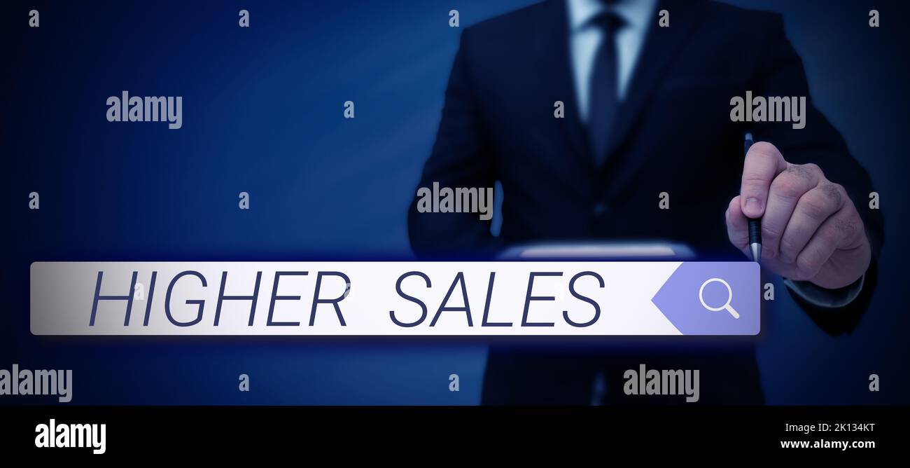 Hand writing sign Higher Sales. Word for The average sold products and ...