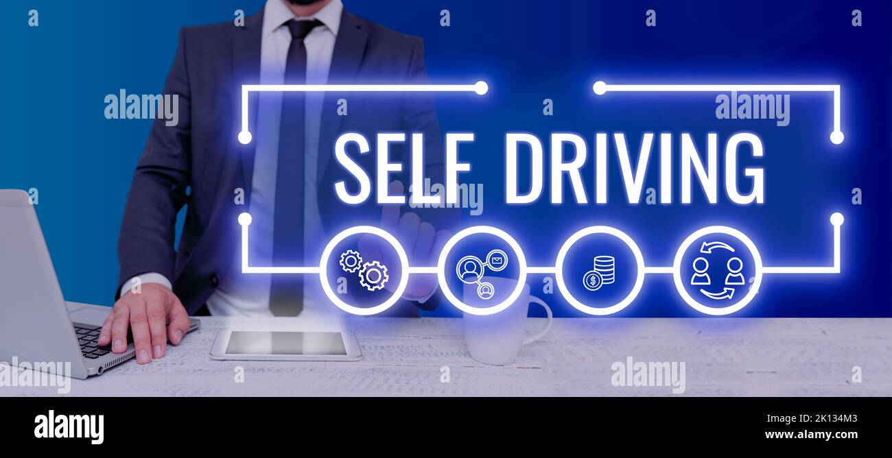 Conceptual caption Self Driving. Word Written on Autonomous vehicle ...