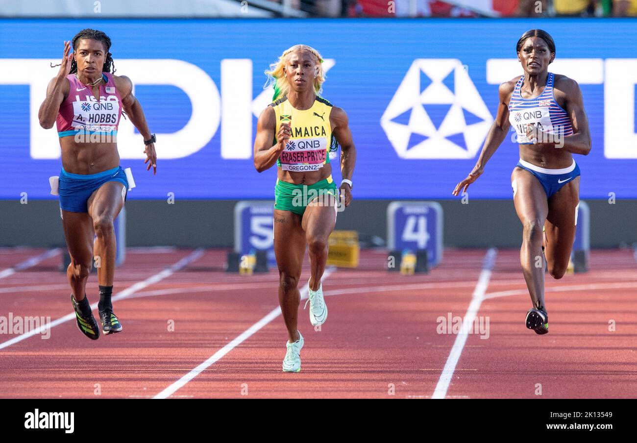 Aleia Hobbs, Shelly-Ann Fraser Pryce and Daryll Neita competing in the ...