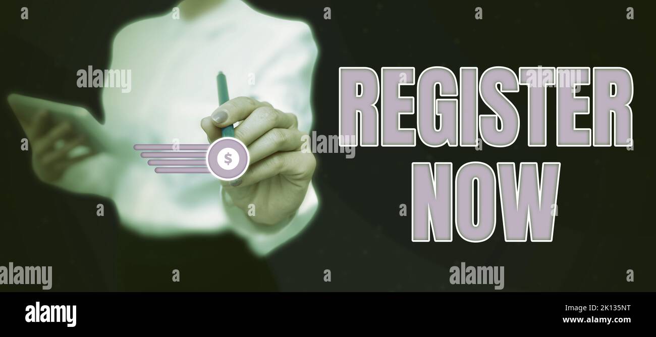 Hand writing sign Register Now. Word Written on Name in an Official ...