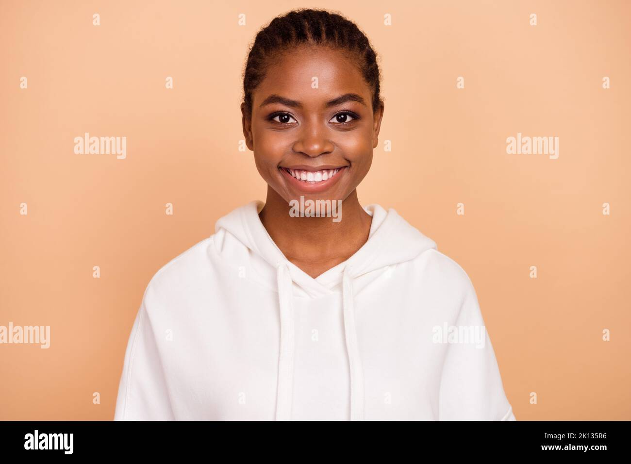 Photo of sweet millennial brunette lady with braids wear white ...