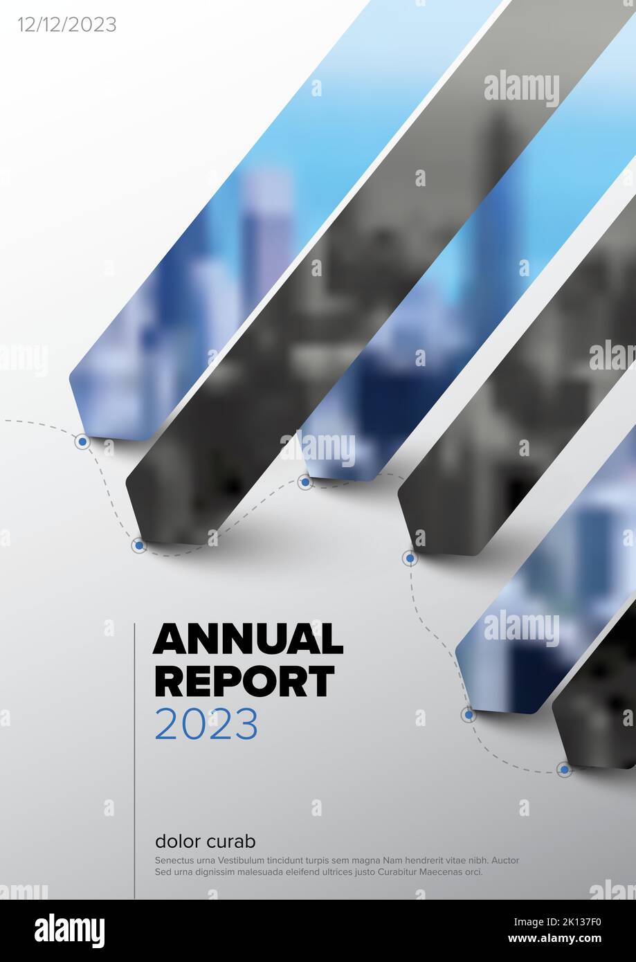 Vector abstract annual report cover template with sample text and abstract arrows masked photo ...