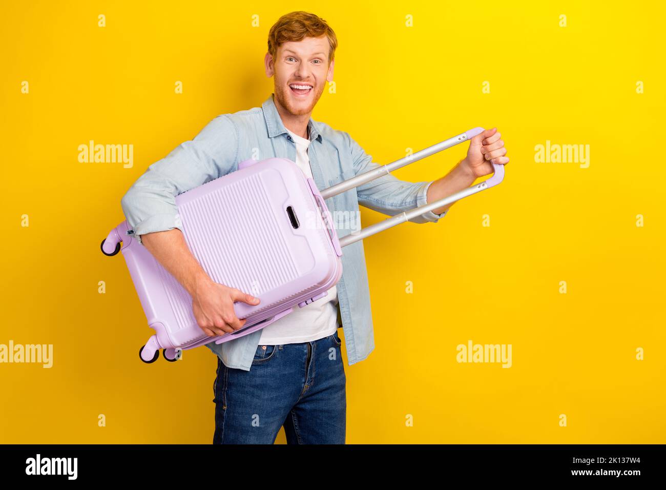 Photo of cheerful positive man trendy outfit toothy smile arm hold ...
