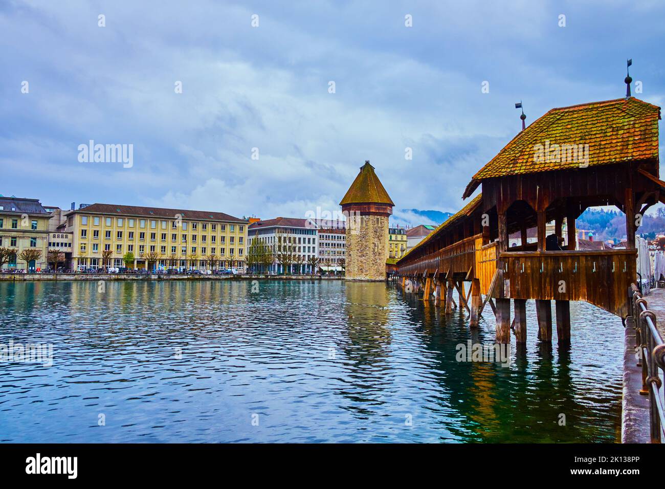 The great view on medieval Kapellbrucke bridge and Wasserturm stone ...