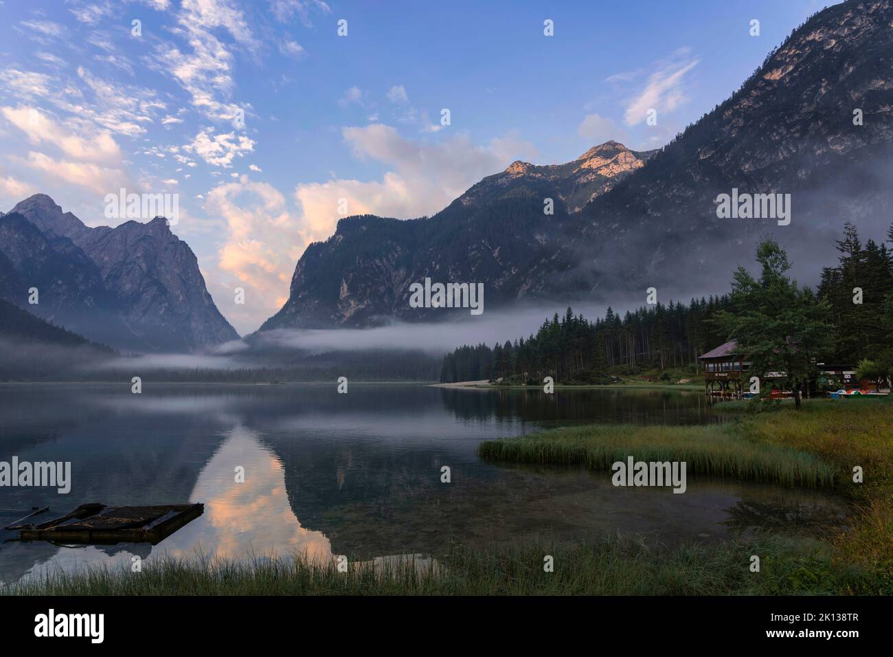 Lake Dobbiaco at sunrise in summer, Sud Tirol, Italy, Europe Stock ...