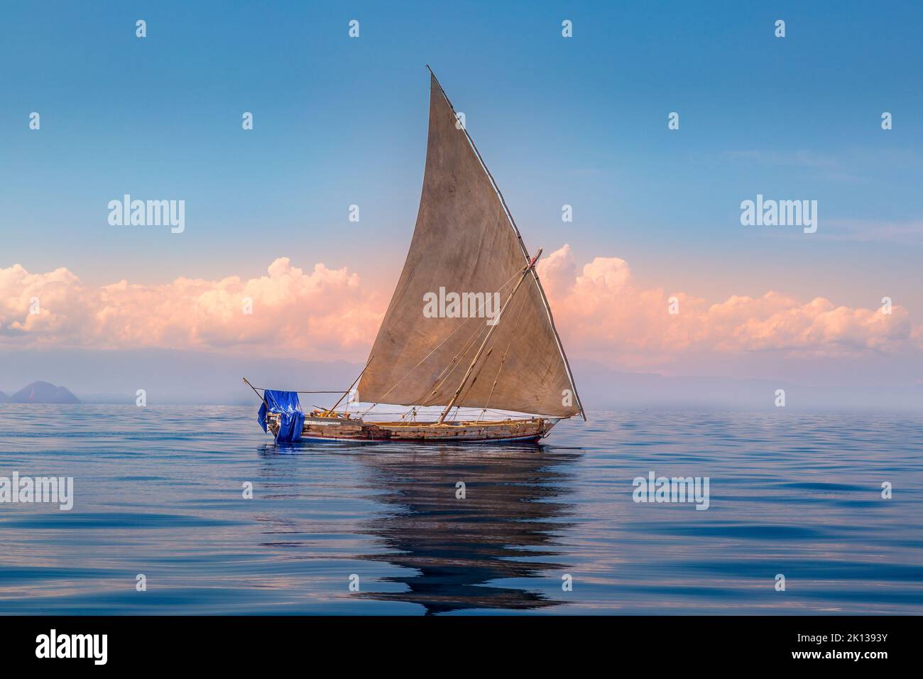 Traditional wooden sailing vessel at sea off the North West coast of ...