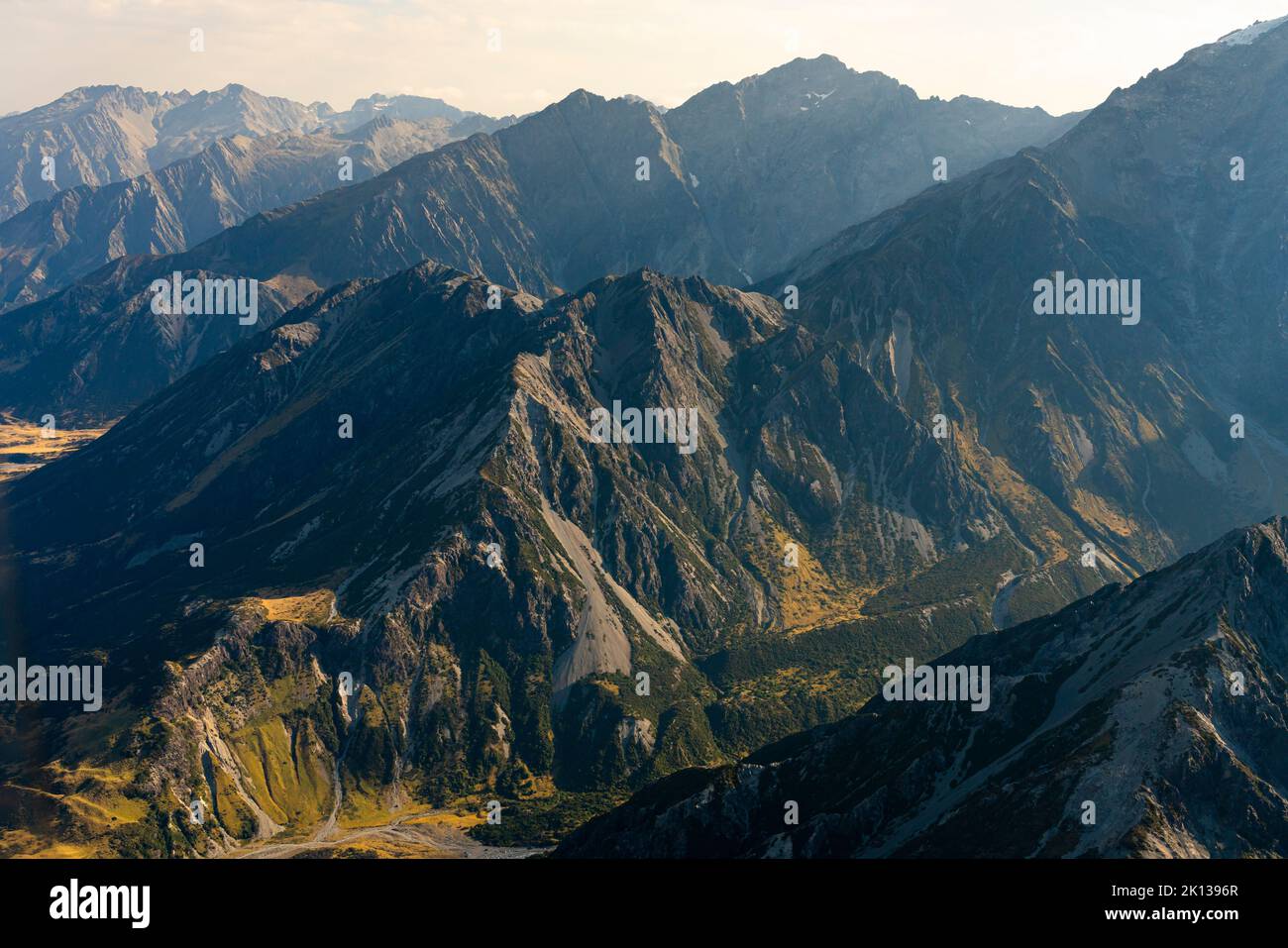 Aerial view of mountain ranges in Aoraki/Mount Cook National Park ...