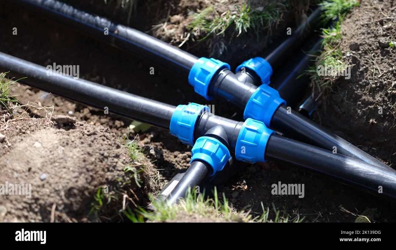 Closeup of plastic pipes of plant watering system in gardens Stock ...