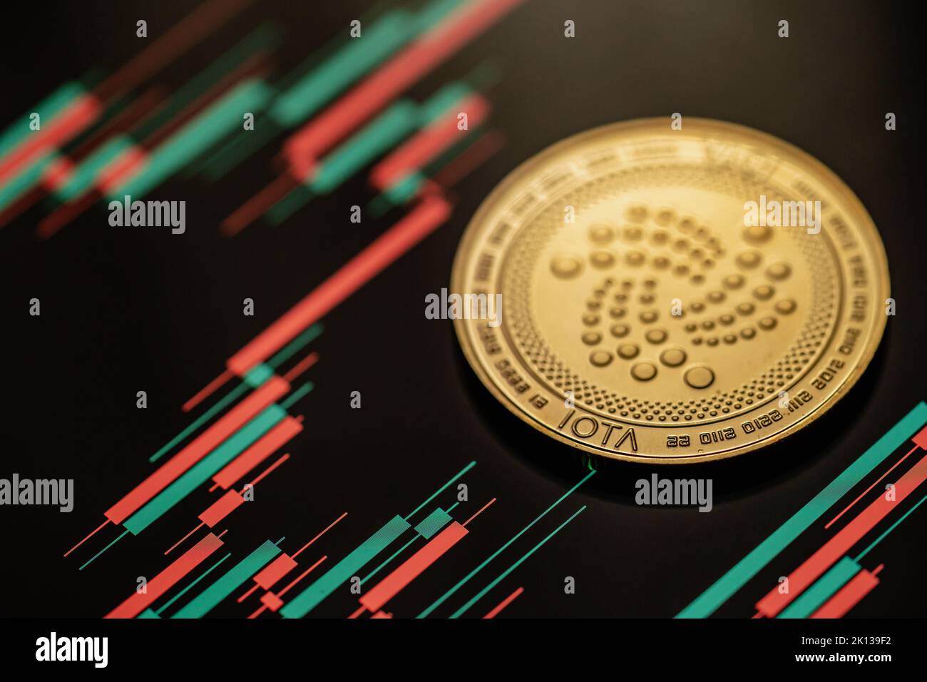 Gold IOTA cryptocurrency coin with candle stick graph chart and digital ...
