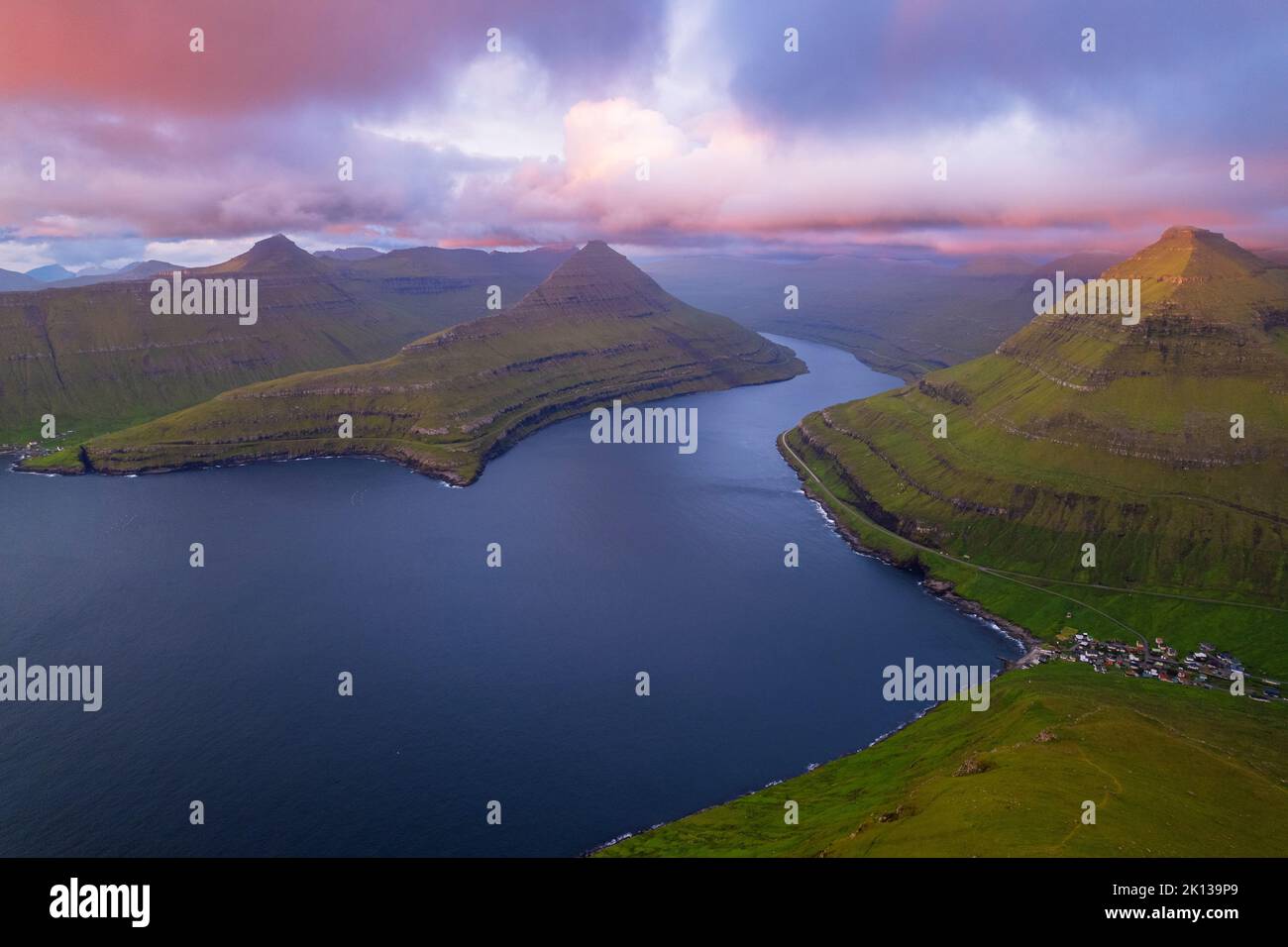 Aerial view of the fjord at sunrise, Funningur, Eysturoy island, Faroe ...