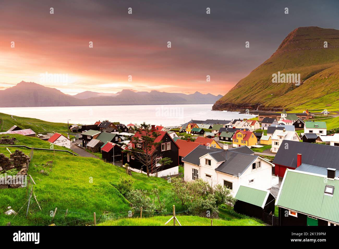 Costal village of Gjogv at sunrise, Eysturoy island, Faroe islands ...