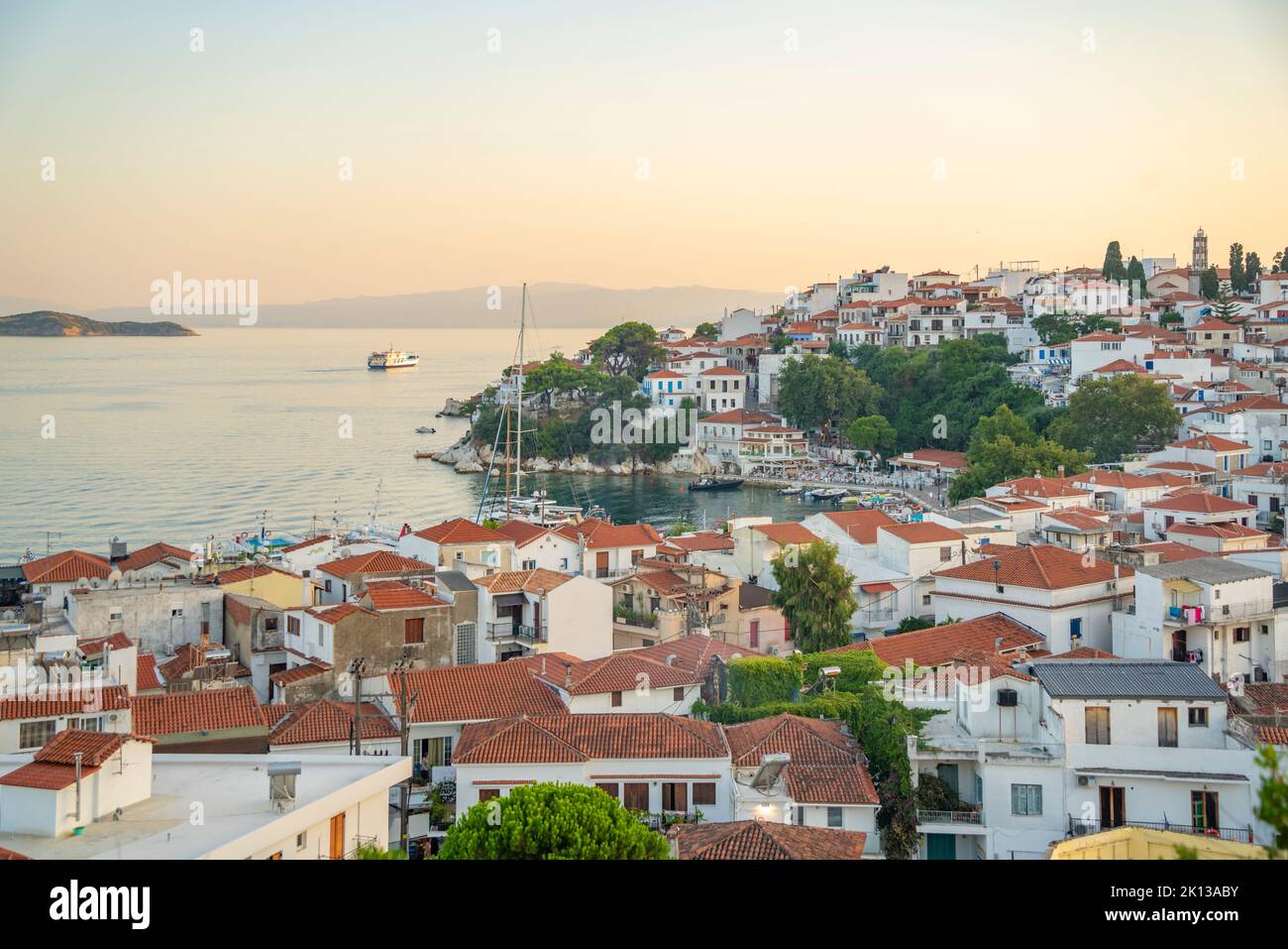View of Skiathos Town from St. Nicholas Church at sunset, Skiathos ...