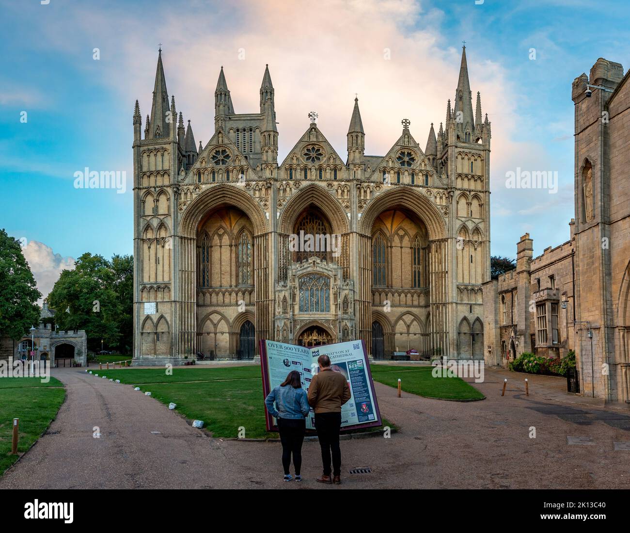 PETERBOROUGH CATHEDRAL, UK - SEPTEMBER 9, 2022. Landscape architecture of the front facade and ...