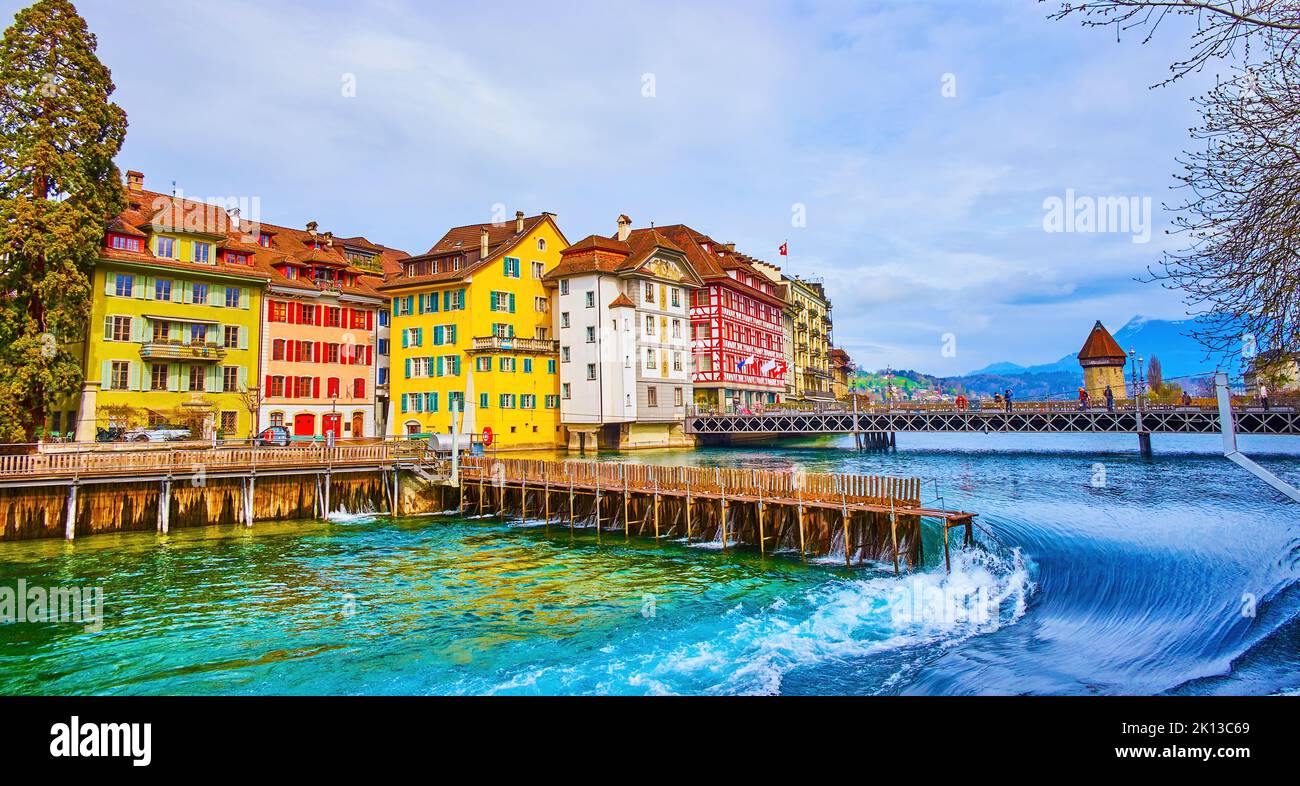 Needle Dam (Reuss-Nadelwehr) and fast flowing Reuss river are one of ...