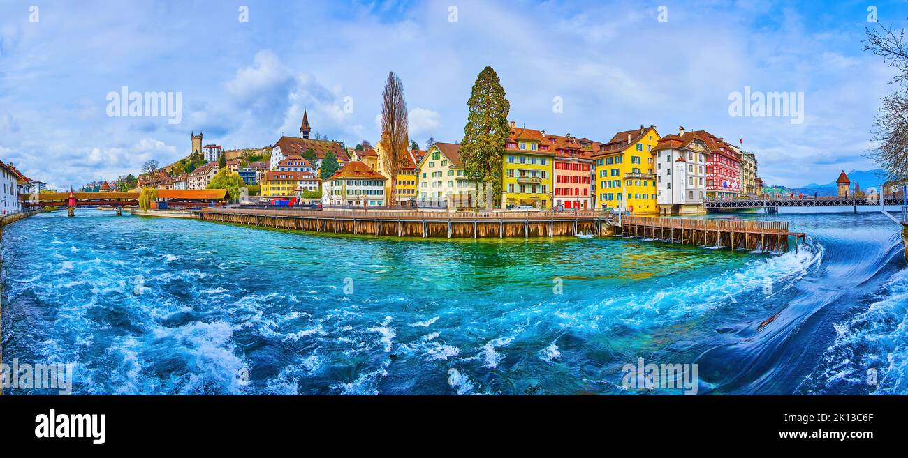 Panorama of Reuss river and Needle Dam (Reuss-Nadelwehr) with medeival ...