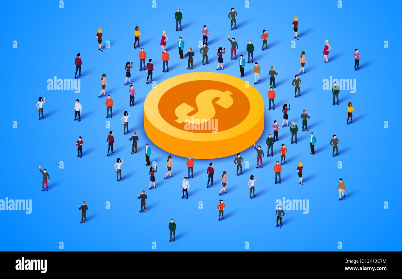 Large group of people standing around big coin. People crowd. Business ...