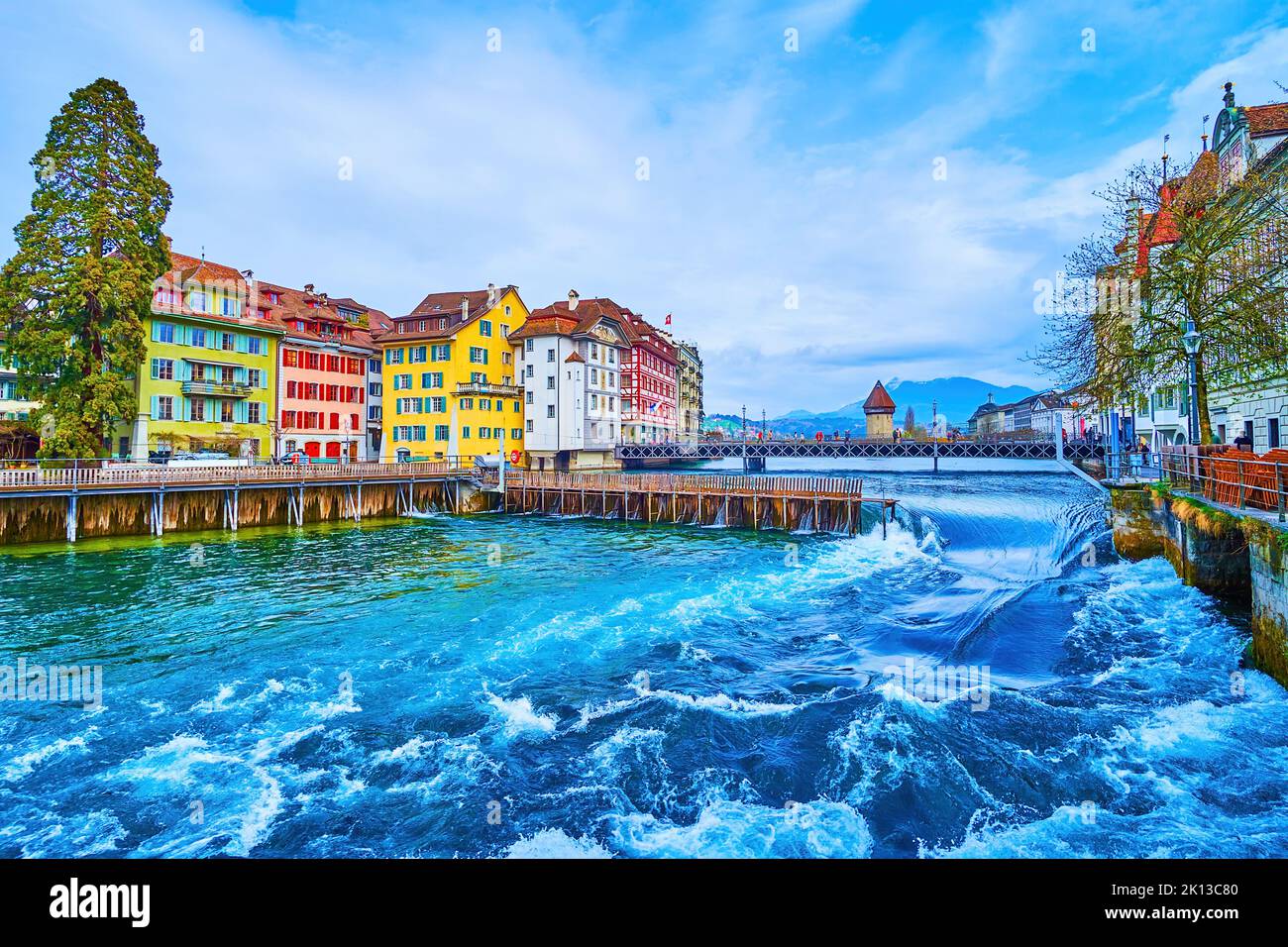 Stormy waters of Reuss river at Needle Dam in Altstadt of Lucerne ...