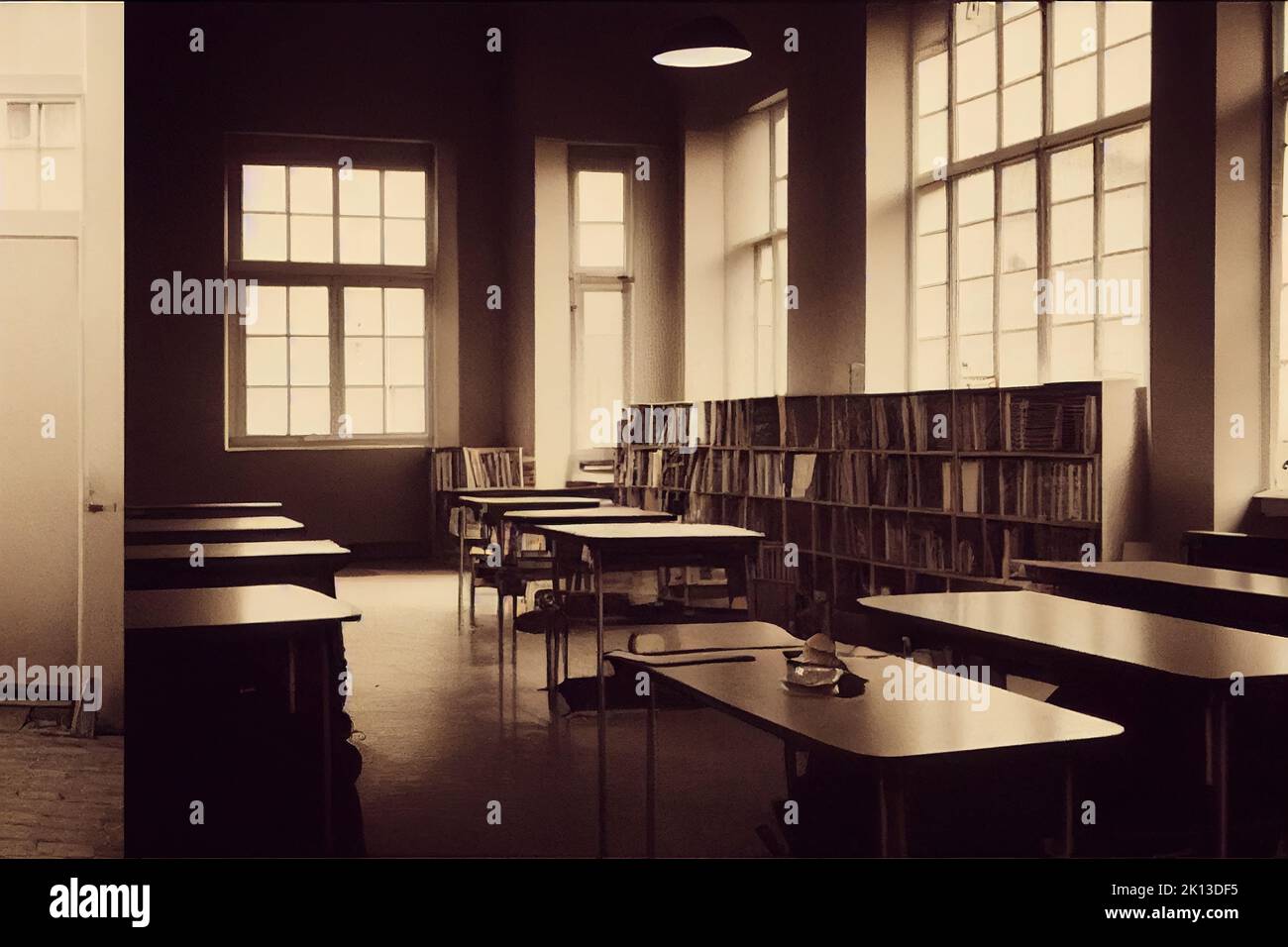 An empty classroom with bookshelves and tables Stock Photo - Alamy