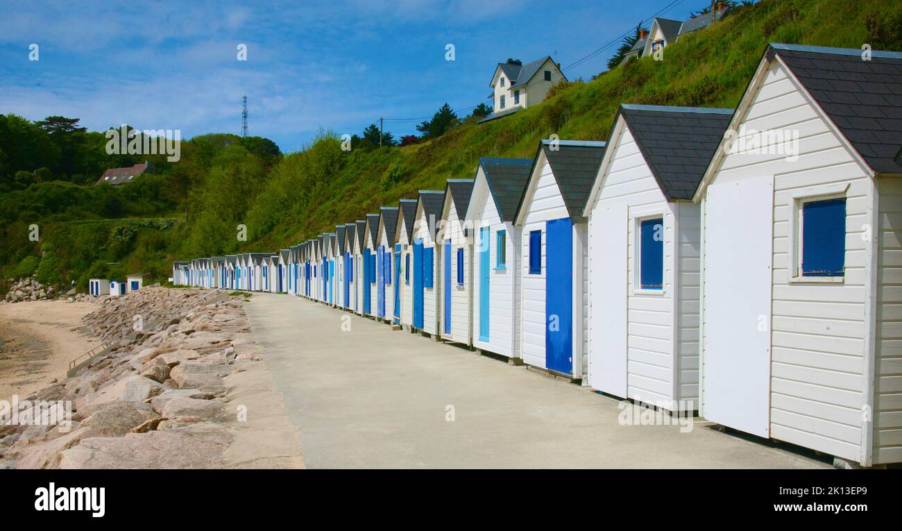 The beautiful beach huts at Barneville-Carteret on the Cherbourg Peninsula, Normandy, France ...