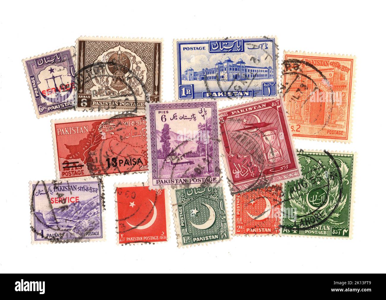 A montage of vintage postage stamps from Pakistan on a white background ...