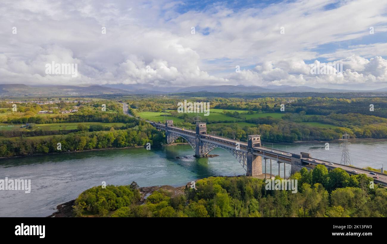 An aerial view of Pont Britannia Bridge across Menai Strait in Pentir ...