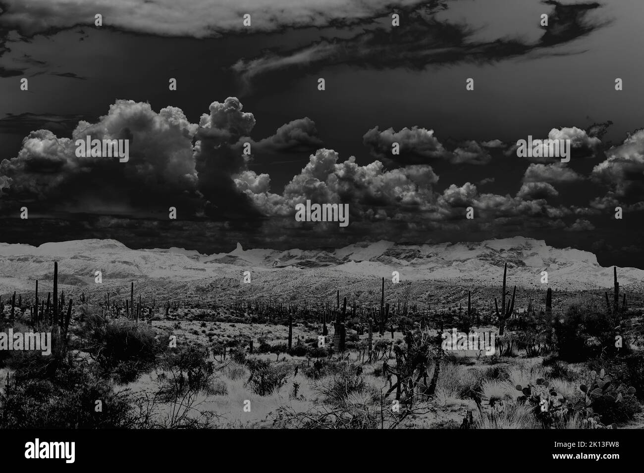A terrifying Superstition Mountains in Arizona with clouds, USA Stock ...
