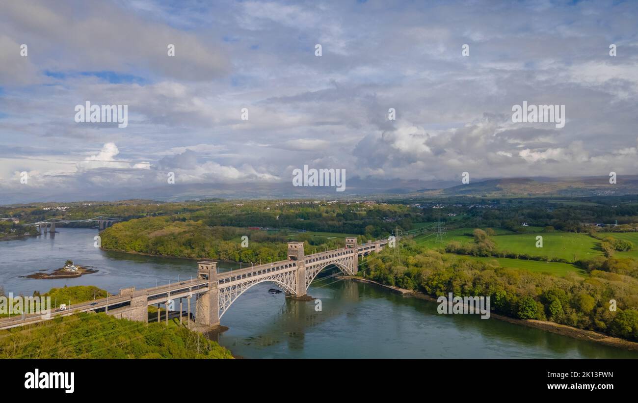 An aerial view of Pont Britannia Bridge across Menai Strait in Pentir ...