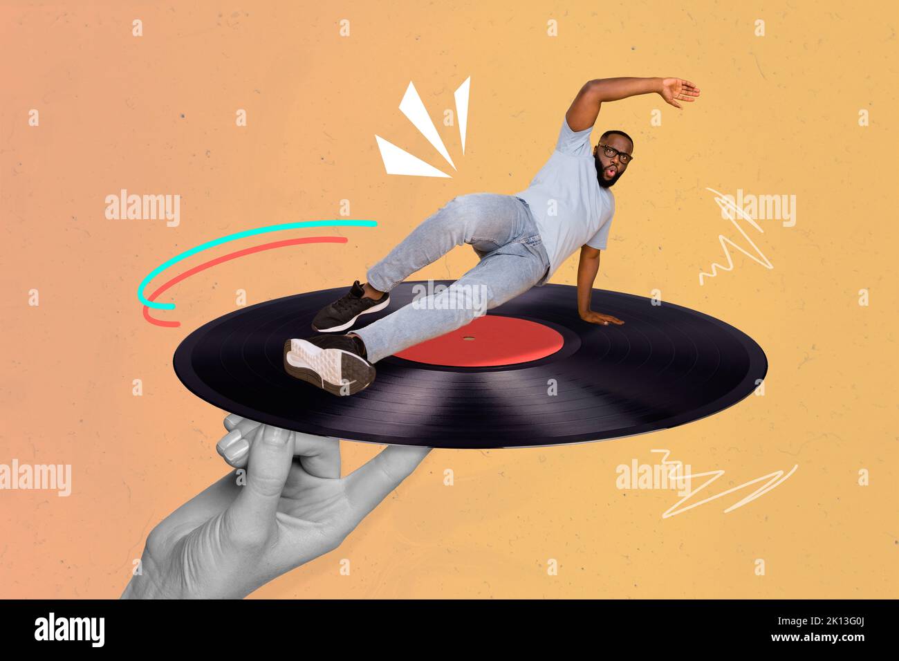 Creative trend collage of millennial energetic man dancing battle ...