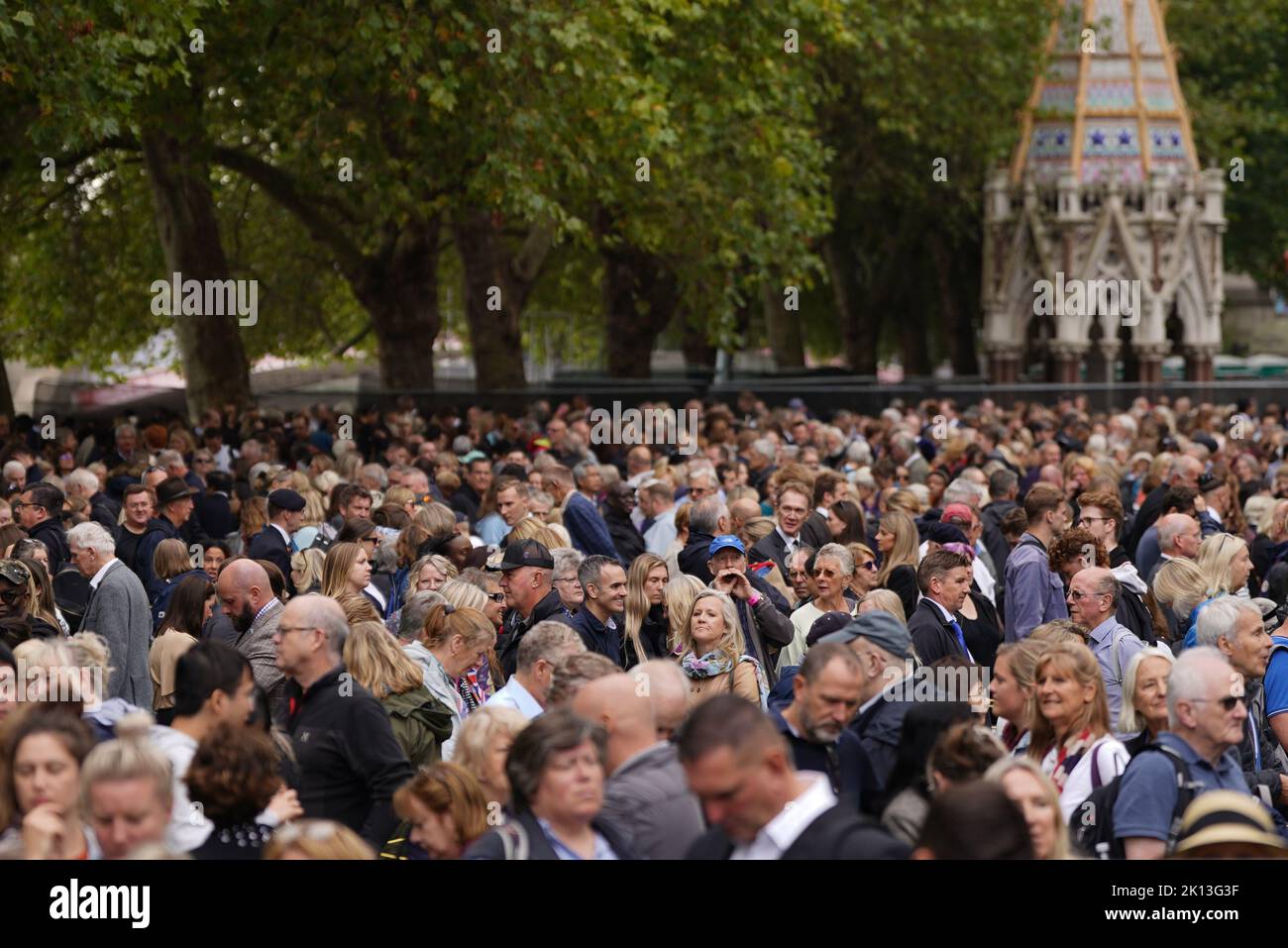 Members of the public in the queue in Victoria Tower Gardens, London ...