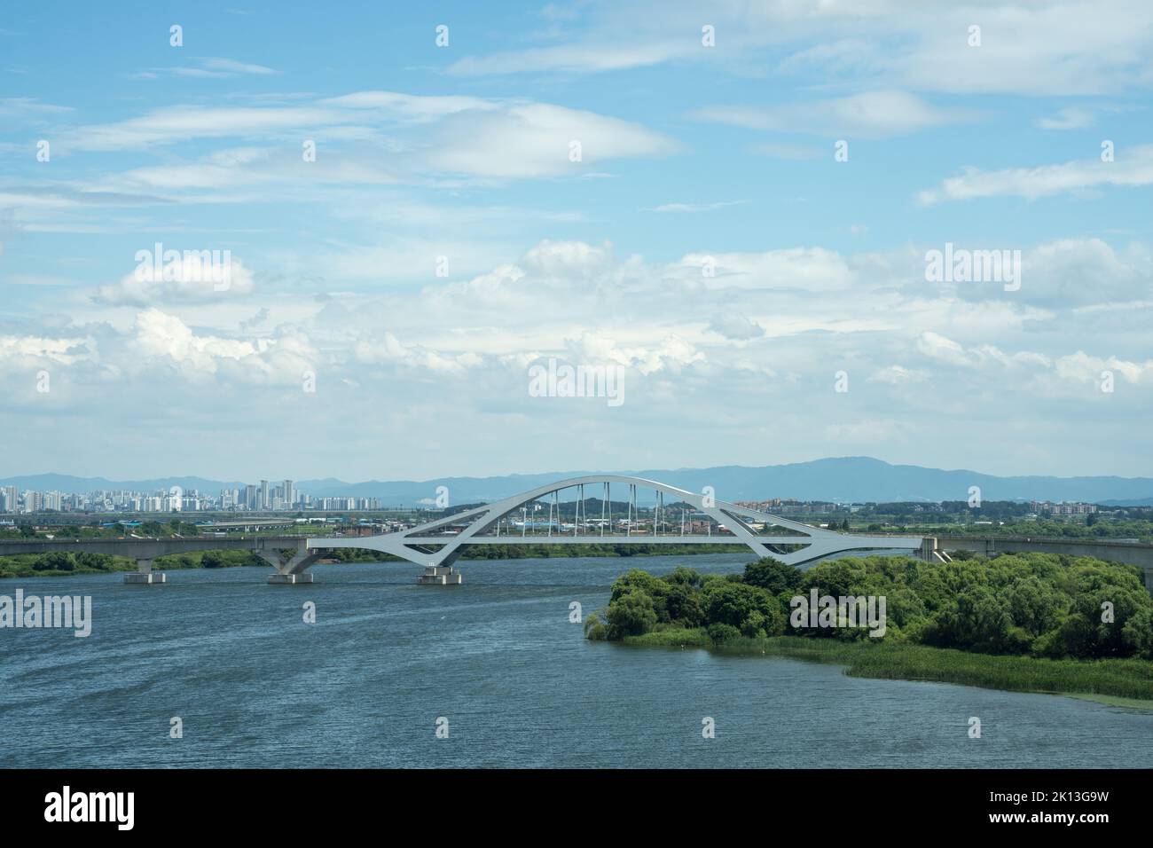 An aerial view of bridge over the Anseong Cheon River in Pyeongtaek ...