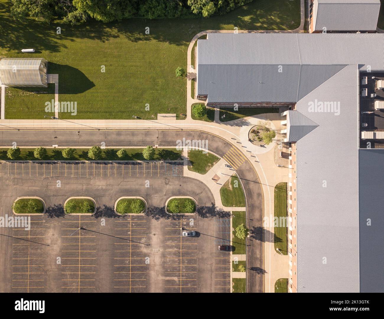 An aerial drone shot of a high school parking lot Stock Photo - Alamy