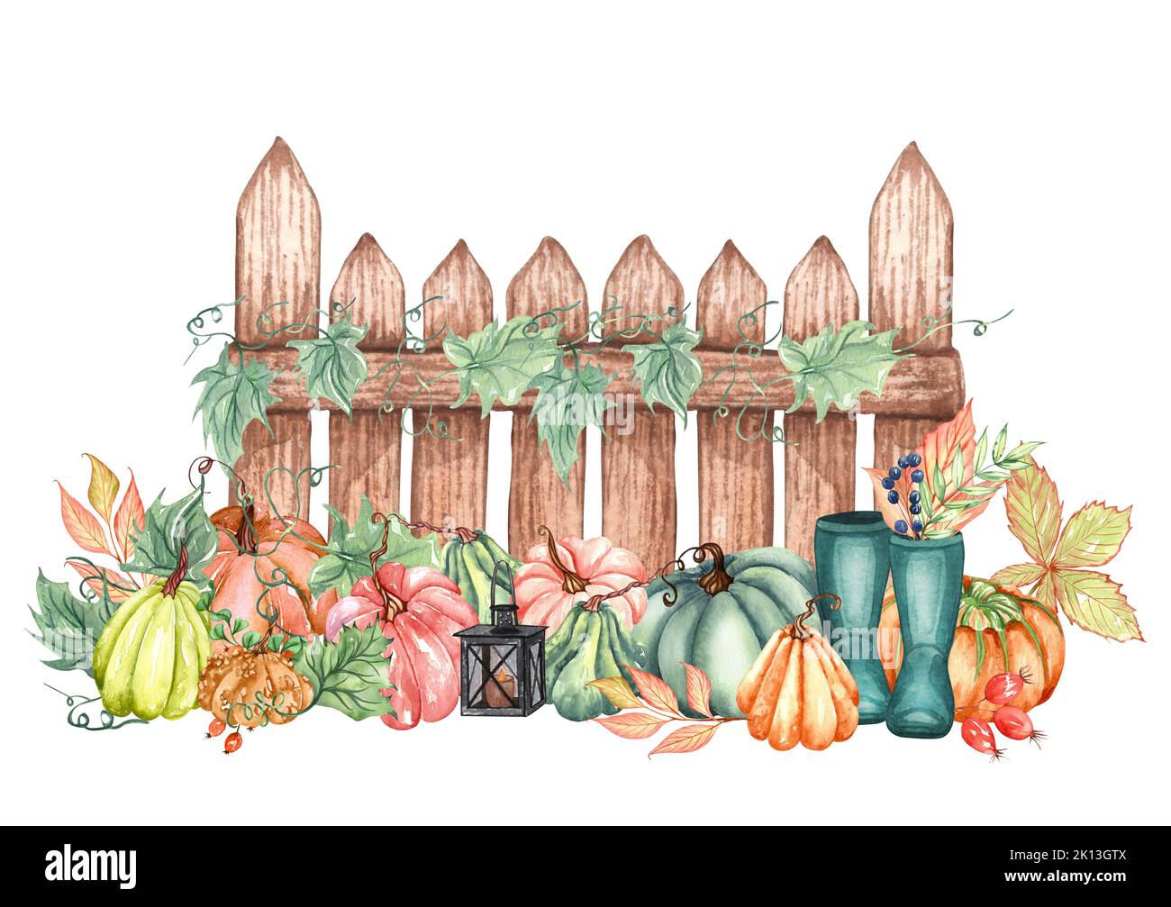 Watercolor autumn harvest illustration. fall pumpkin and leaves ...
