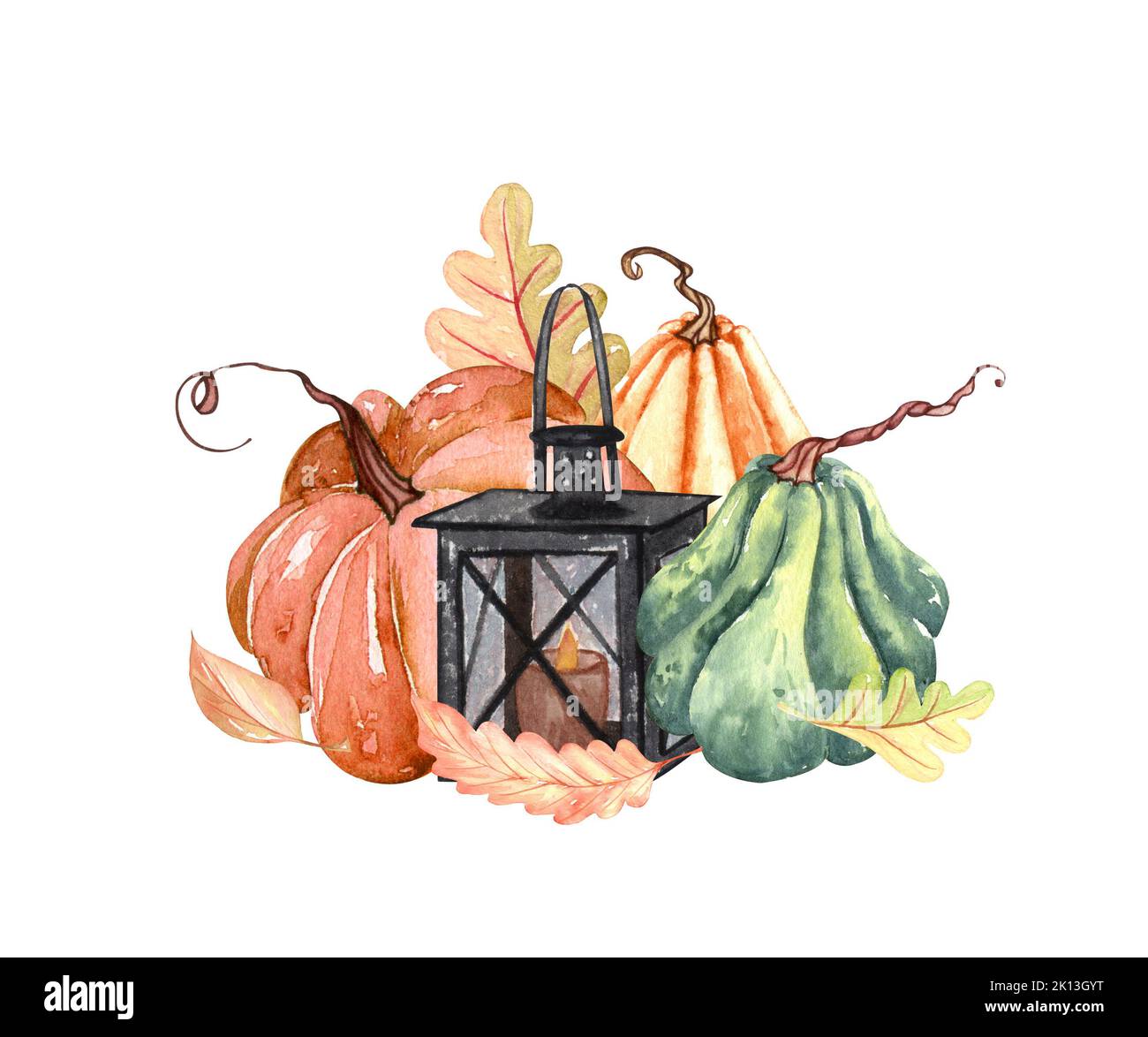 Watercolor autumn harvest illustration. fall pumpkin and leaves ...