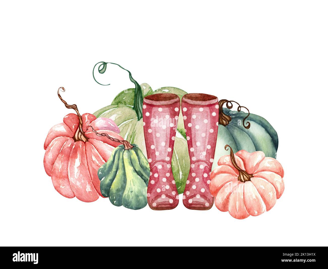 Watercolor autumn harvest illustration. fall pumpkin and leaves ...