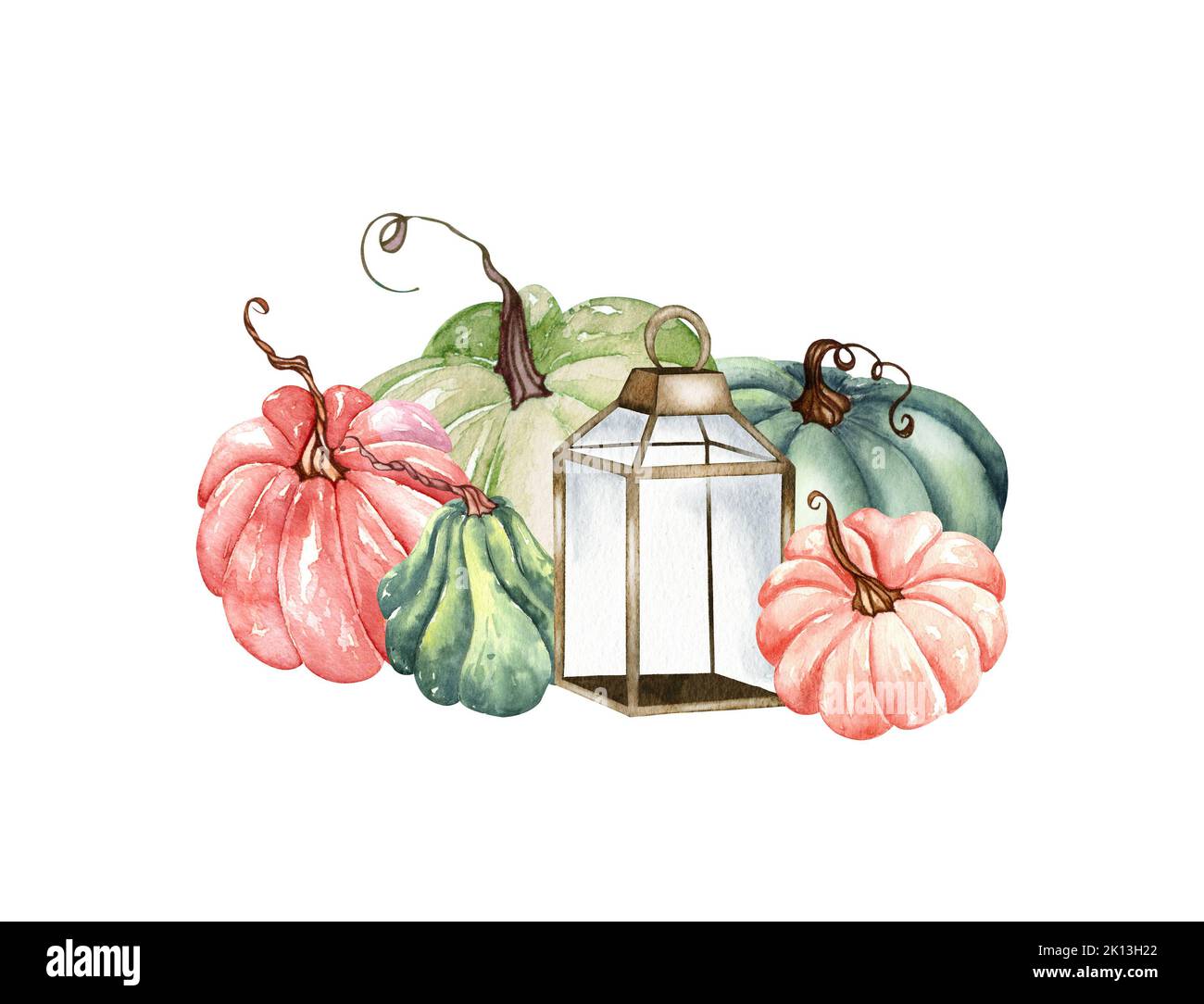 Watercolor autumn harvest illustration. fall pumpkin and leaves ...